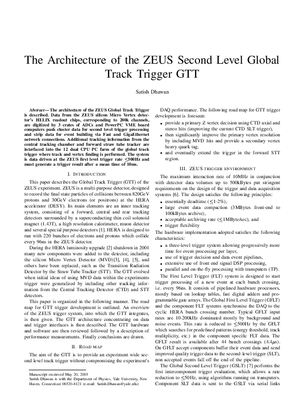 (PDF) The Architecture of the ZEUS Second Level Global Track Trigger GTT