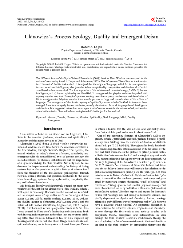 (PDF) Ulanowicz’s Process Ecology, Duality and Emergent Deism