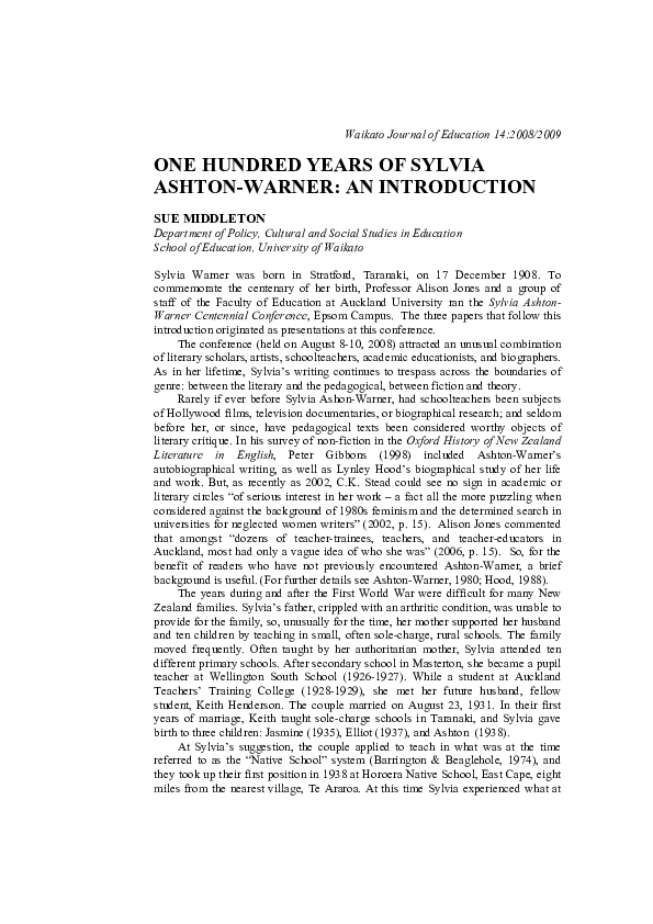 (PDF) One Hundred Years of Sylvia Ashton-Warner: An Introduction