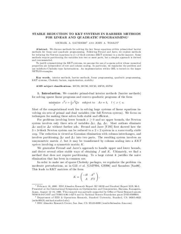 (PDF) Stable Reduction to KKT Systems in Barrier Methods for Linear and Quadratic Programming