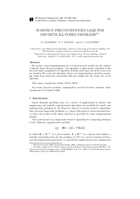 (PDF) Subspace Preconditioned LSQR for Discrete Ill-Posed Problems