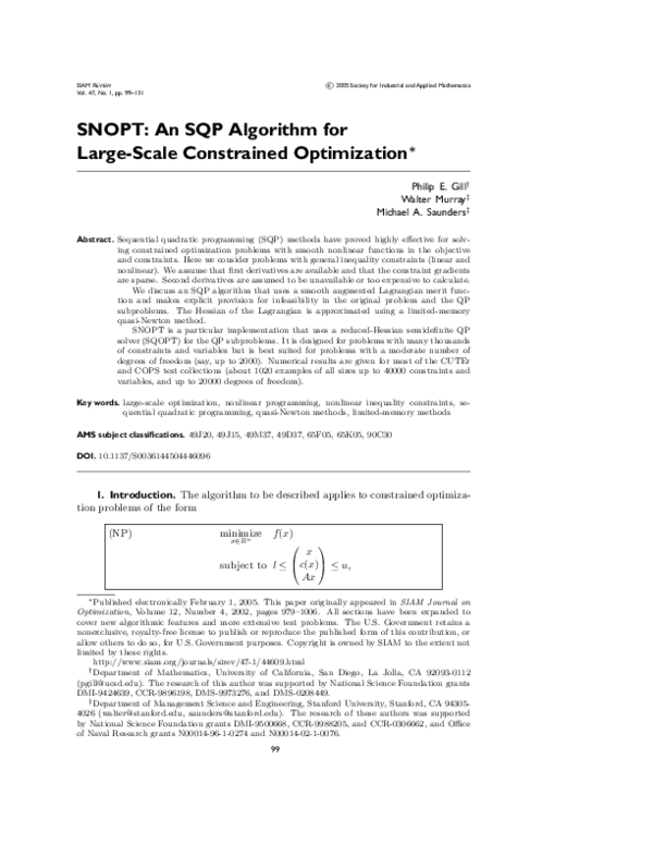 Pdf Snopt An Sqp Algorithm For Large Scale Constrained Optimization