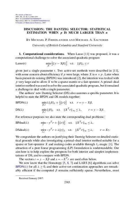 (PDF) Discussion: The Dantzig selector: Statistical estimation when p ...