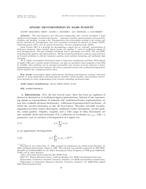 (PDF) Atomic Decomposition by Basis Pursuit