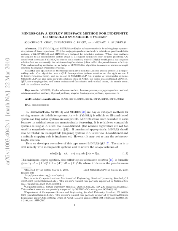 (PDF) MINRES-QLP: A Krylov Subspace Method for Indefinite or Singular Symmetric Systems