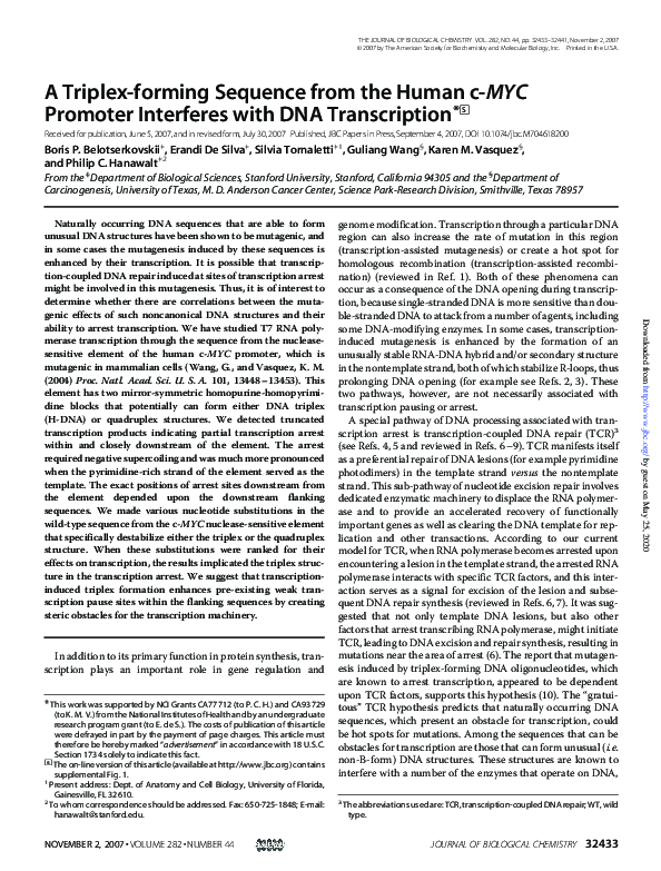 (PDF) A Triplex-forming Sequence from the Human c-MYC Promoter ...