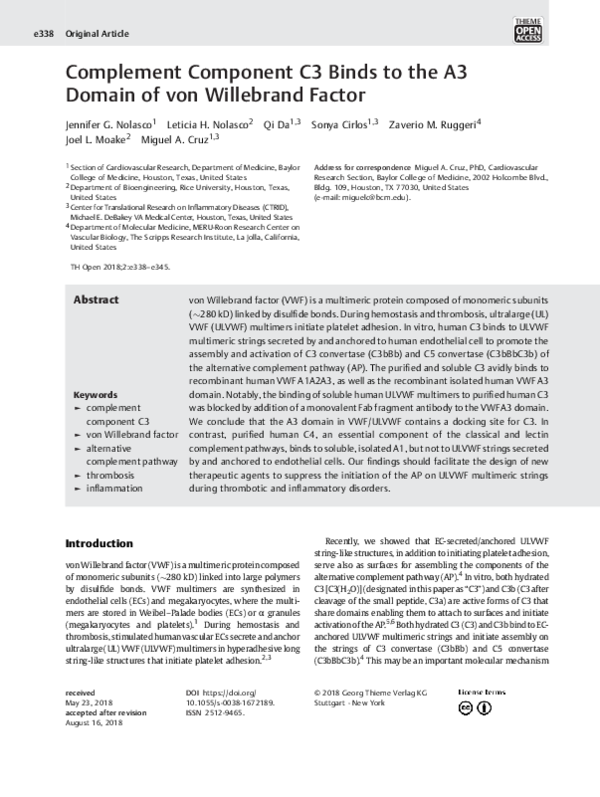 (PDF) C3 Binding to A3 Domain of von Willebrand Factor
