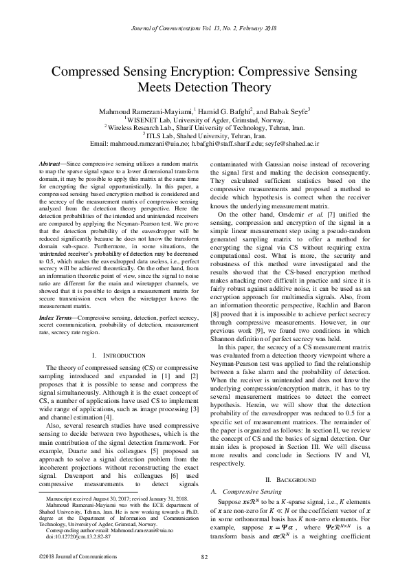 (PDF) Compressed Sensing Encryption: Compressive Sensing Meets Detection Theory