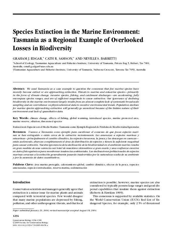 (PDF) Species Extinction in the Marine Environment: Tasmania as a ...