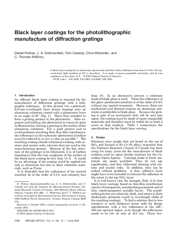 (PDF) Black Layer Coatings for the Photolithographic Manufacture of ...