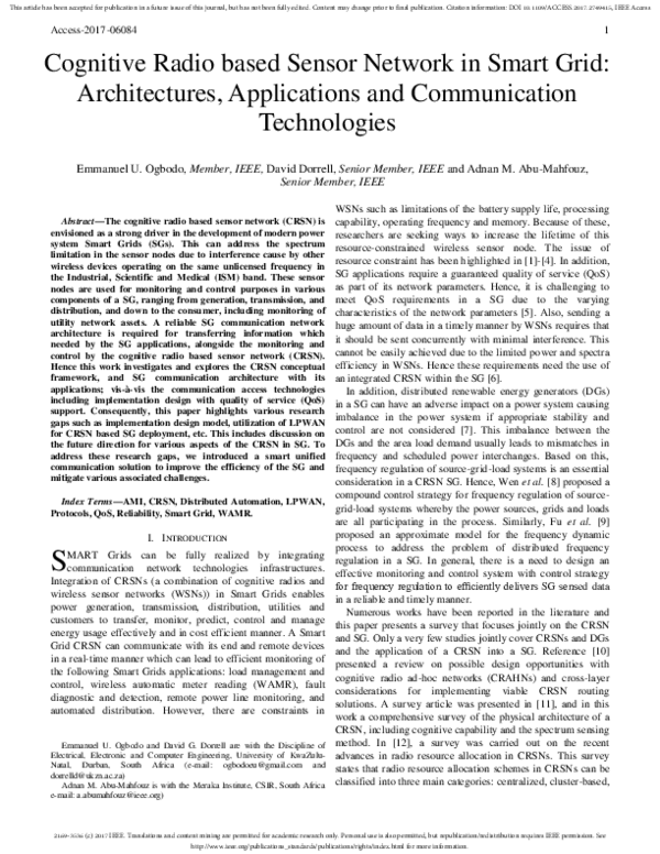 Pdf Cognitive Radio Based Sensor Network In Smart Grid Architectures Applications And