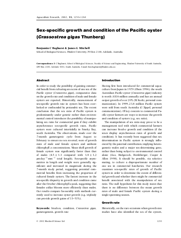 Pdf Sex Specific Growth And Condition Of The Pacific Oyster