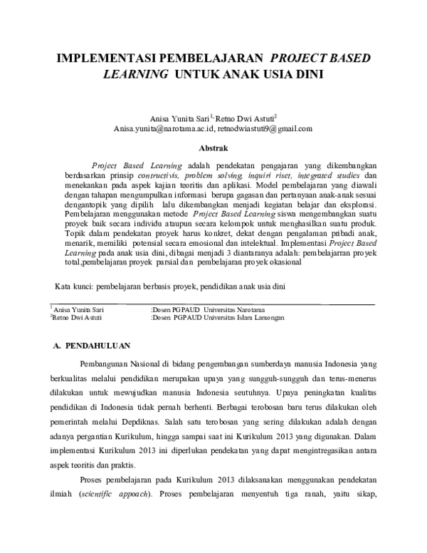 (PDF) IMPLEMENTASI PEMBELAJARAN PROJECT BASED LEARNING UNTUK ANAK USIA DINI