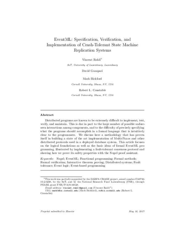Pdf Eventml Specification Verification And Implementation Of Crash Tolerant State Machine