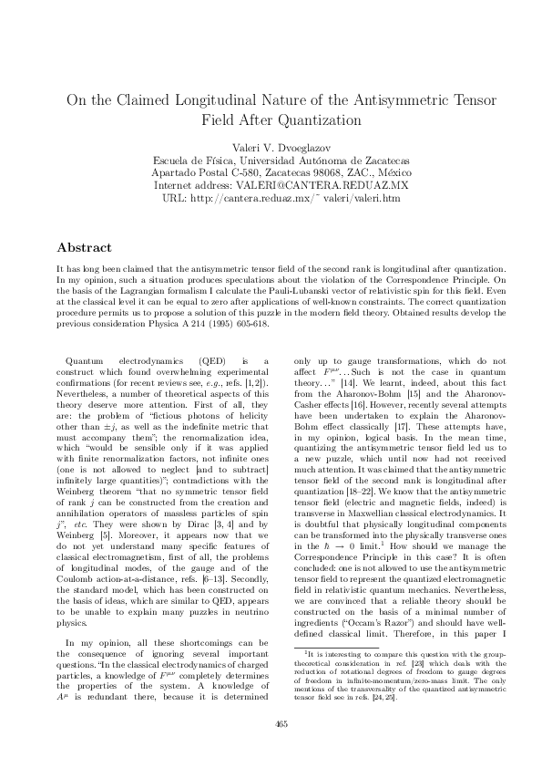 (PDF) About the claimed longitudinal nature of the antisymmetric tensor field after quantization