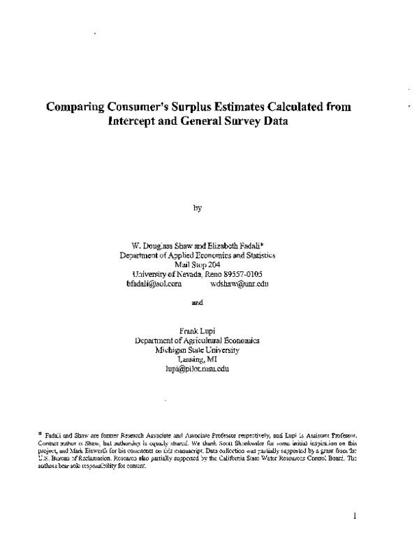 (PDF) Comparing consumer’s surplus estimates calculated from intercept ...