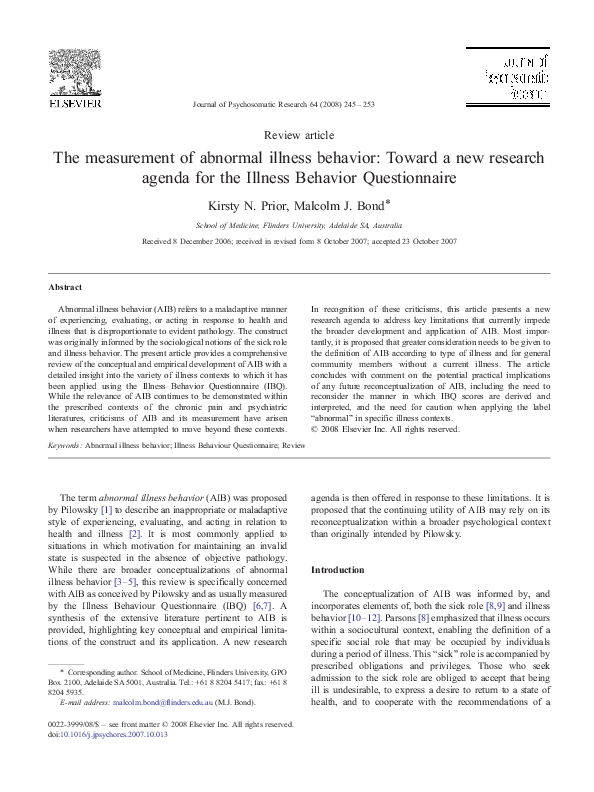 (PDF) The measurement of abnormal illness behavior: Toward a new ...