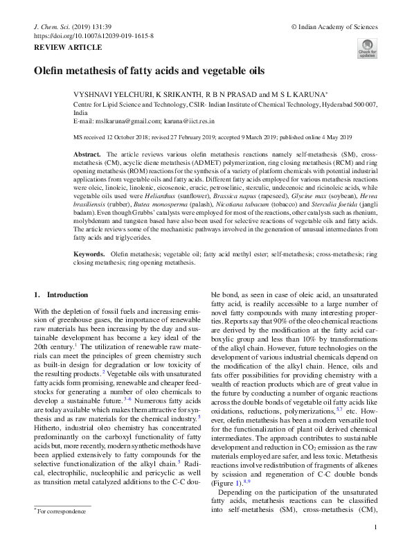 (PDF) Olefin metathesis of fatty acids and vegetable oils