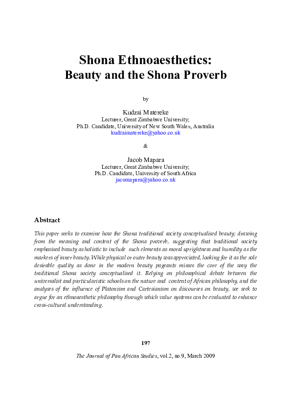 (PDF) Shona Ethnoaesthetics: Beauty and the Shona Proverb