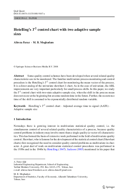 (PDF) Hotelling’s T 2 control chart with two adaptive sample sizes