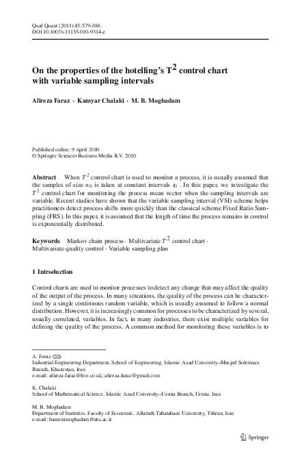 Pdf On The Properties Of The Hotelling S T2 Control Chart With Variable Sampling Intervals