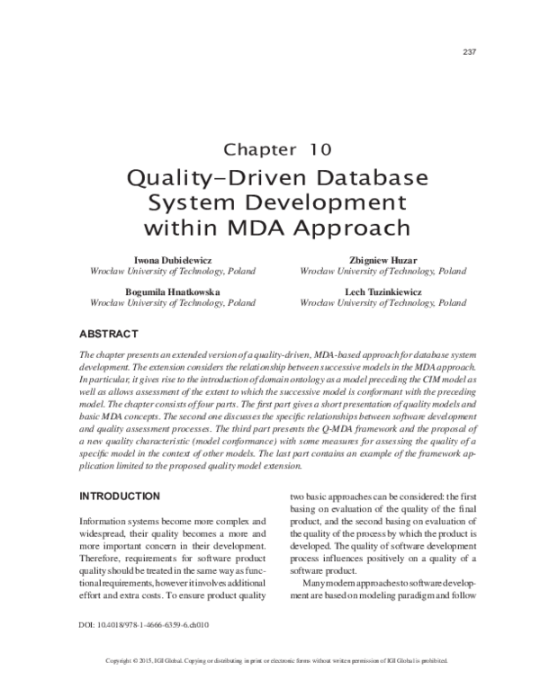 (PDF) Quality-Driven Database System Development within MDA Approach
