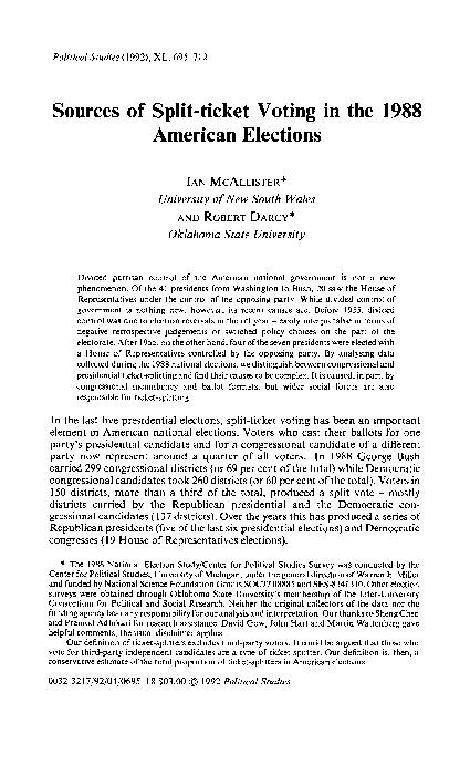 (PDF) Sources of Split-ticket Voting in the 1988 American Elections