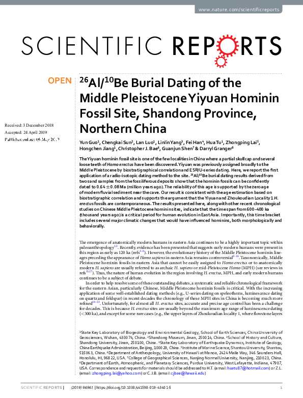 (PDF) 26Al/10Be Burial Dating of the Middle Pleistocene Yiyuan Hominin ...