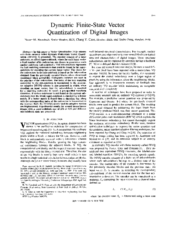 Pdf Dynamic Finite State Vector Quantization Of Digital Images