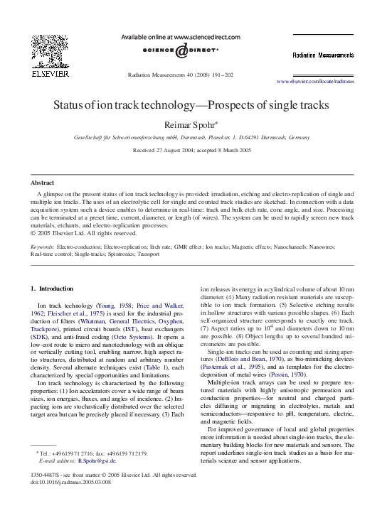 (PDF) Status of ion track technology—Prospects of single tracks
