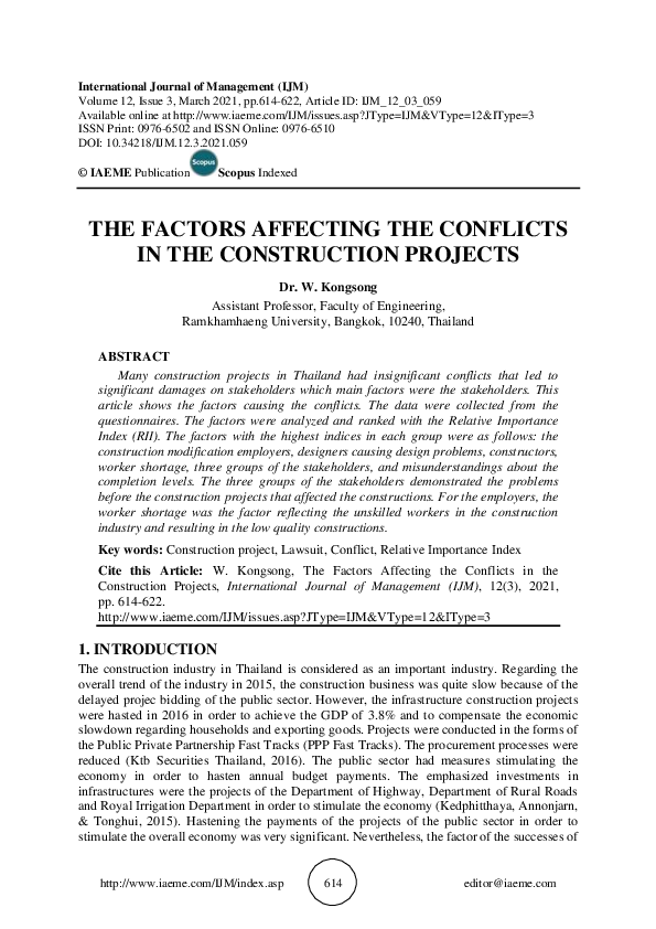 (PDF) THE FACTORS AFFECTING THE CONFLICTS IN THE CONSTRUCTION PROJECTS