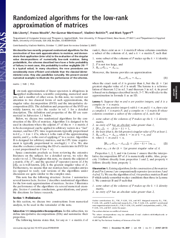 (PDF) Randomized algorithms for the low-rank approximation of matrices