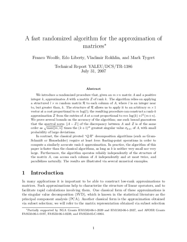 (PDF) A fast randomized algorithm for the approximation of matrices