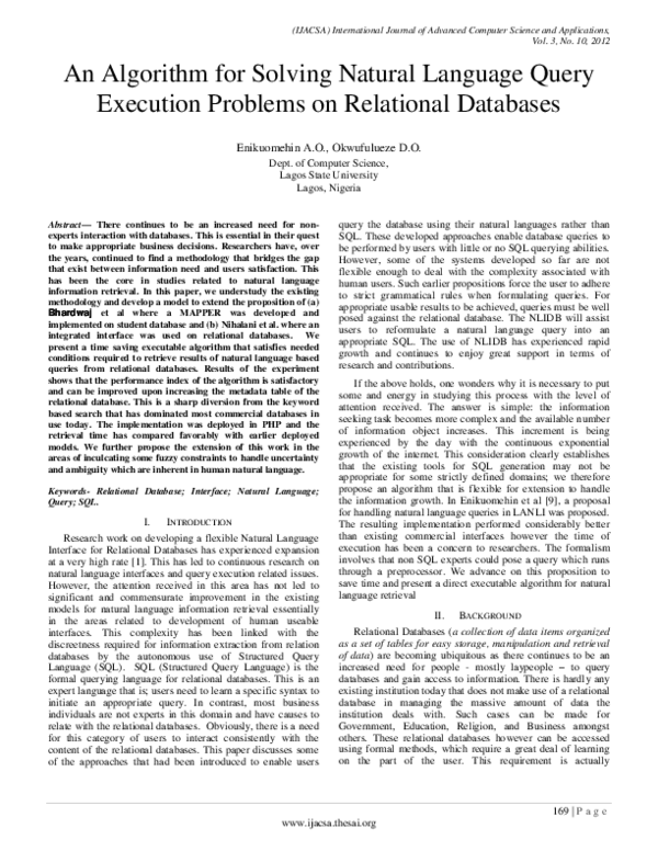 (PDF) Natural Language Query Execution Algorithm for Databases