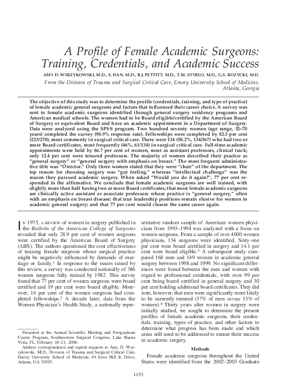 (PDF) A profile of female academic surgeons: training, credentials, and ...