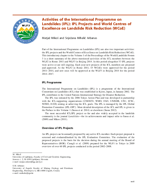 (PDF) Activities of the International Programme on Landslides (IPL): IPL Projects and World ...
