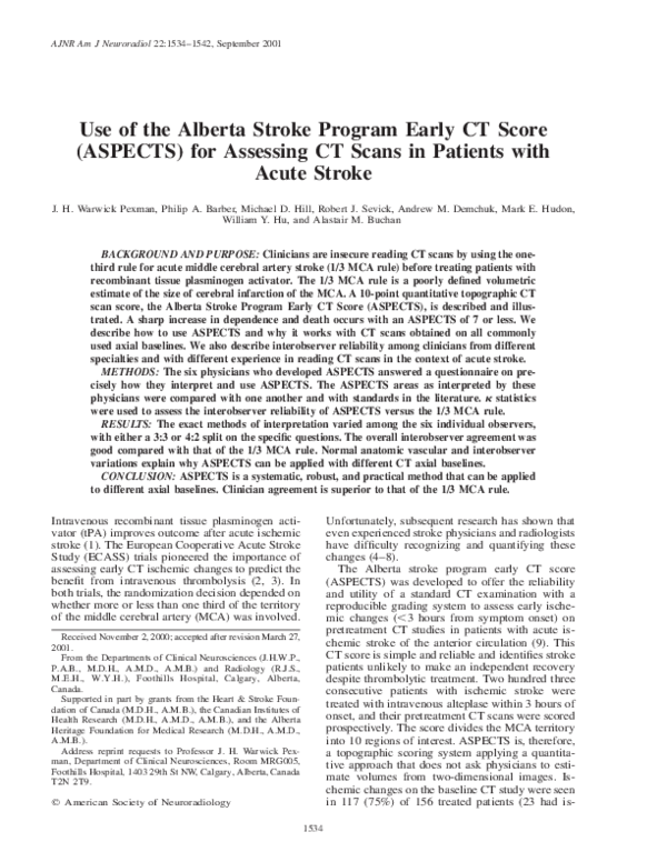 (PDF) Use of the Alberta Stroke Program Early CT Score (ASPECTS) for Assessing CT Scans in ...