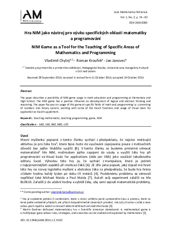 (PDF) NIM Game as a Tool for the Teaching of Specific Areas of ...