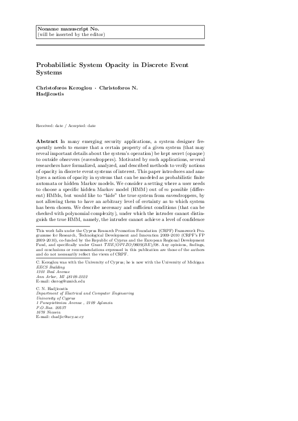 (PDF) Probabilistic system opacity in discrete event systems