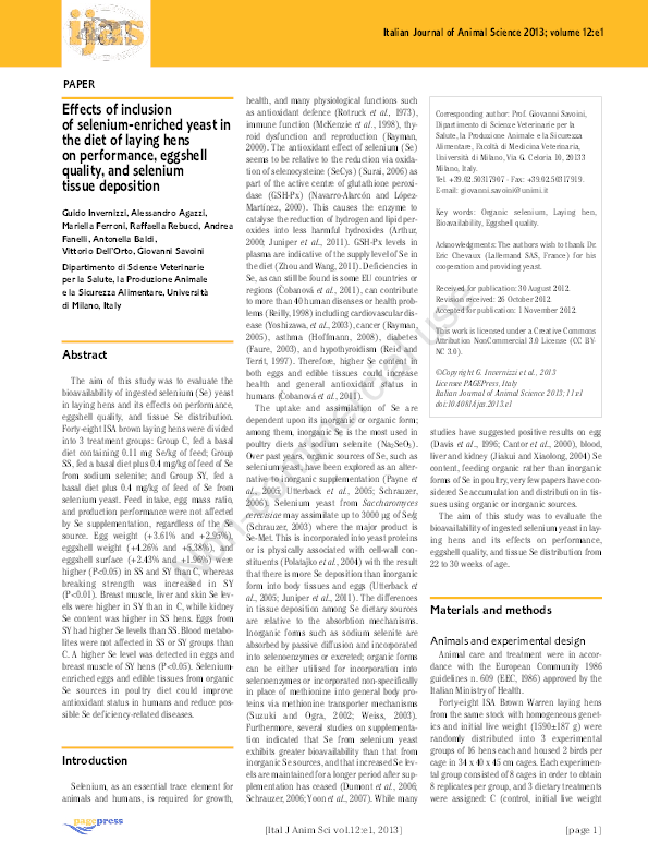 (PDF) Selenium Yeast in Laying Hens: Effects on Eggs
