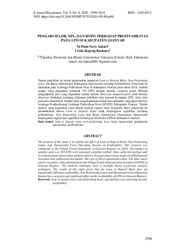 (PDF) Pengaruh LDR, NPL, Dan Bopo Terhadap Profitabilitas Pada LPD DI Kabupaten Gianyar