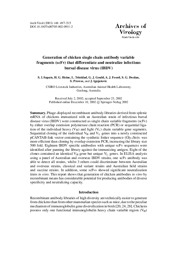 (PDF) Generation of chicken single chain antibody variable fragments ...
