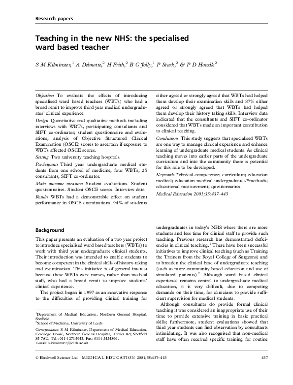 (PDF) Teaching in the new NHS: the specialised ward based teacher