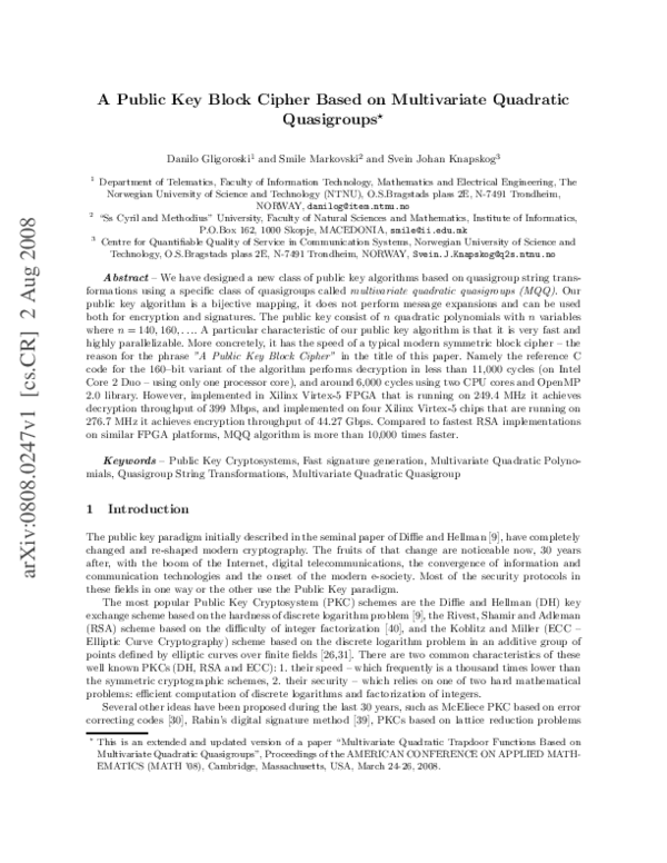 Pdf A Public Key Block Cipher Based On Multivariate Quadratic Quasigroups
