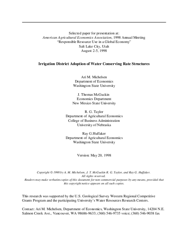 (PDF) Irrigation District Adoption of Water Conserving Rate Structures