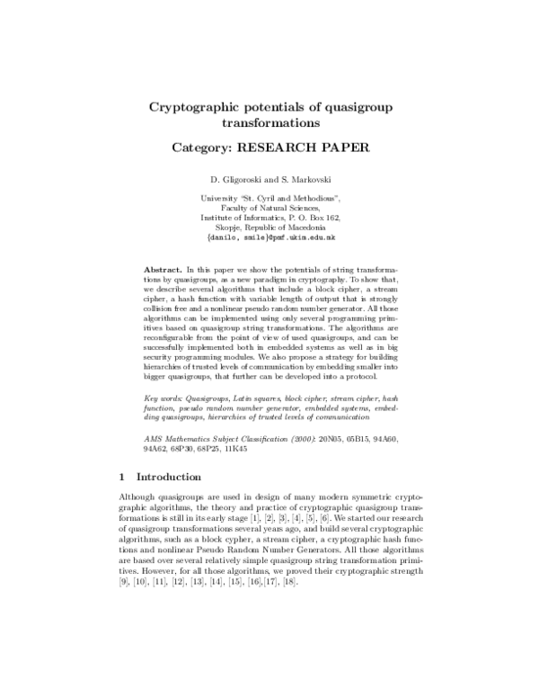 (PDF) Cryptographic Potentials of Quasigroup Transformations