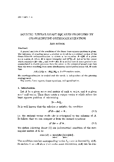 Pdf Solving Linear Least Squares Problems By Gram Schmidt Orthogonalization Åke Björck