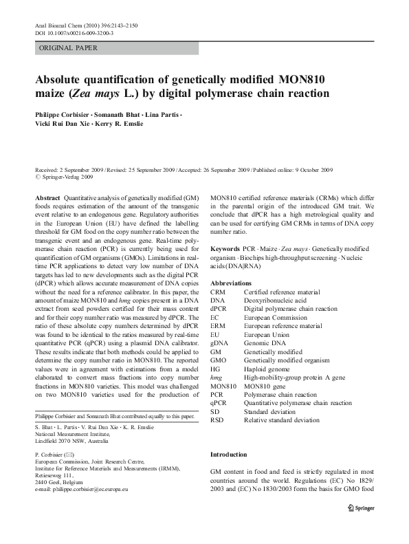 (PDF) Absolute quantification of genetically modified MON810 maize (Zea mays L.) by digital ...