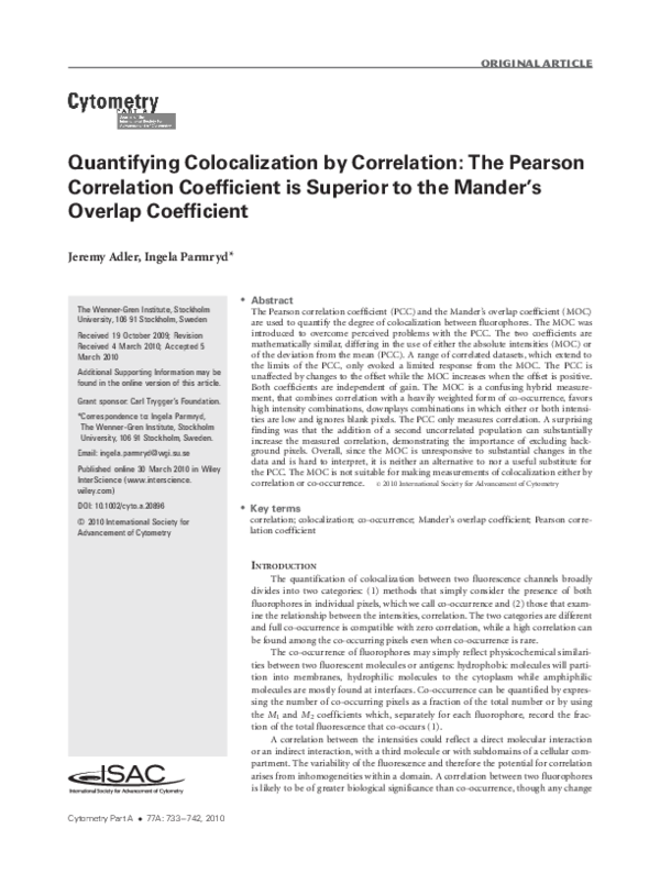 (PDF) Quantifying Colocalization by Correlation: The Pearson ...