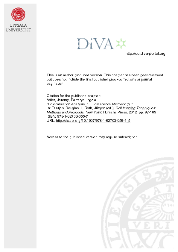 Pdf Colocalization Analysis In Fluorescence Microscopy Ingela Parmryd